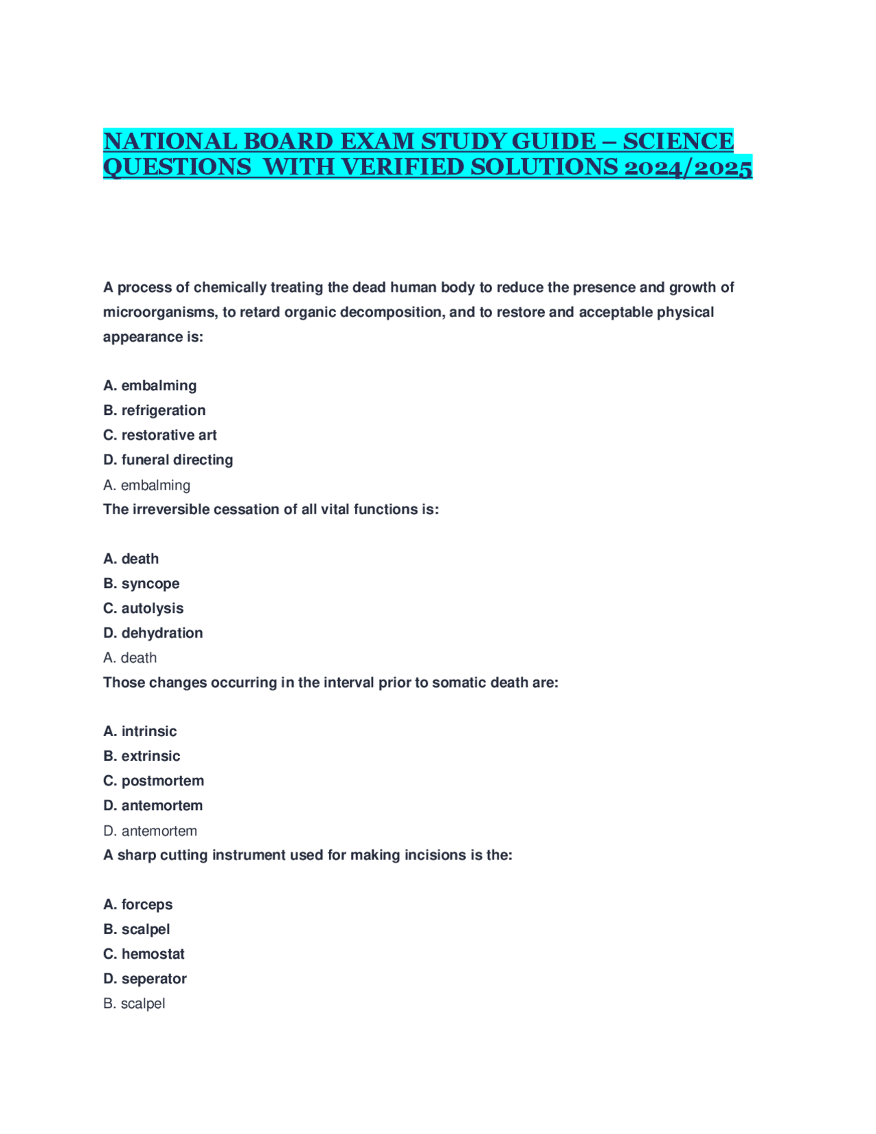 NATIONAL BOARD EXAM STUDY GUIDE – SCIENCE QUESTIONS WITH VERIFIED ...