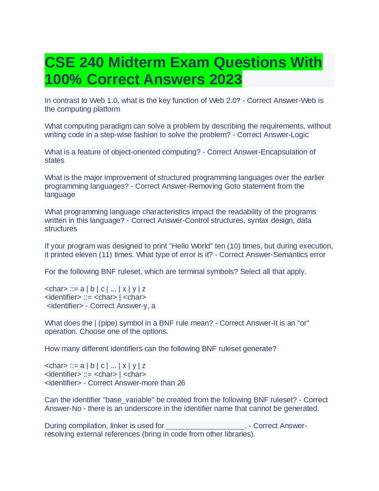 CSE 240 Midterm Exam Questions With 100% Correct Answers 2023 | Exams Advanced Education | Docsity