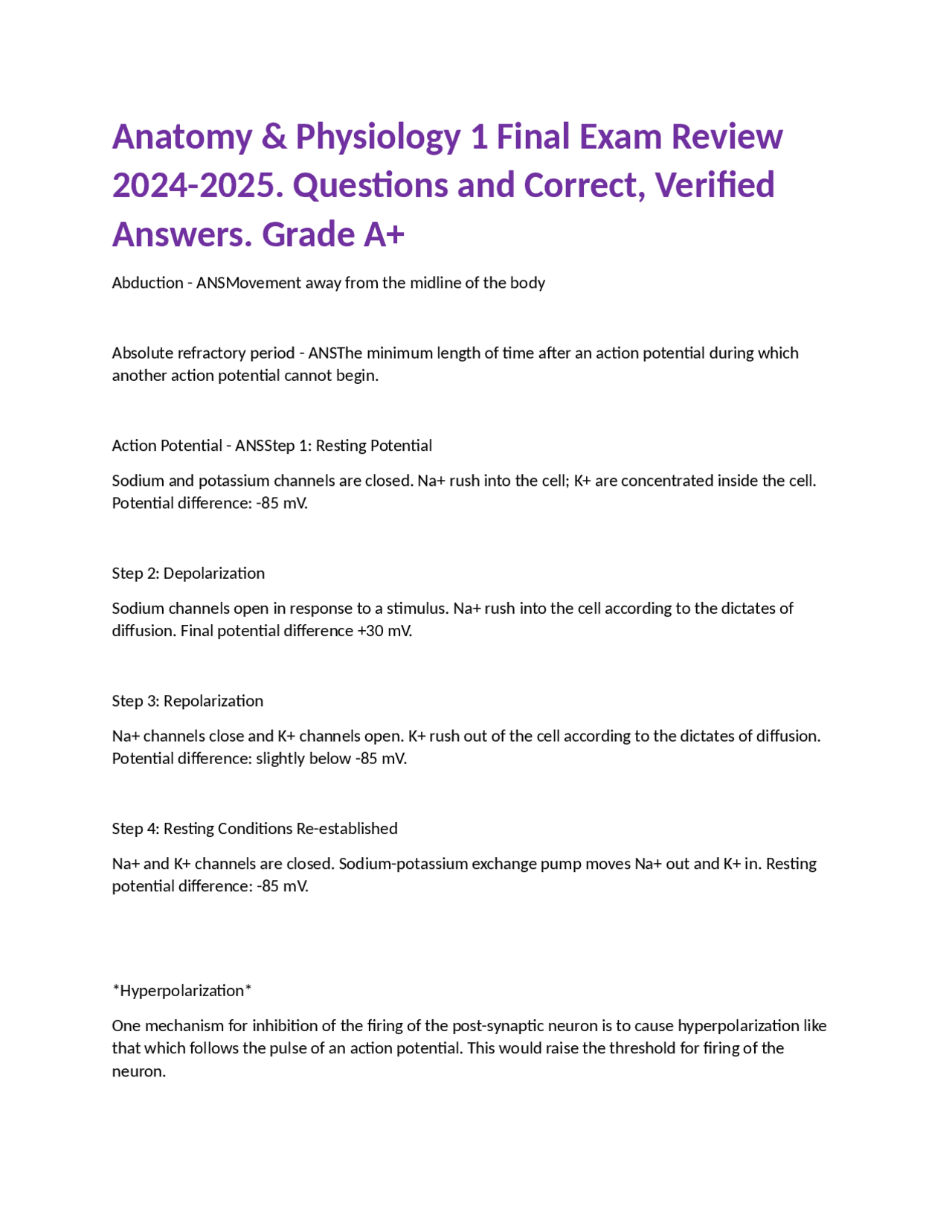 Anatomy & Physiology 1 Final Exam Review 2024-2025. Questions and ...