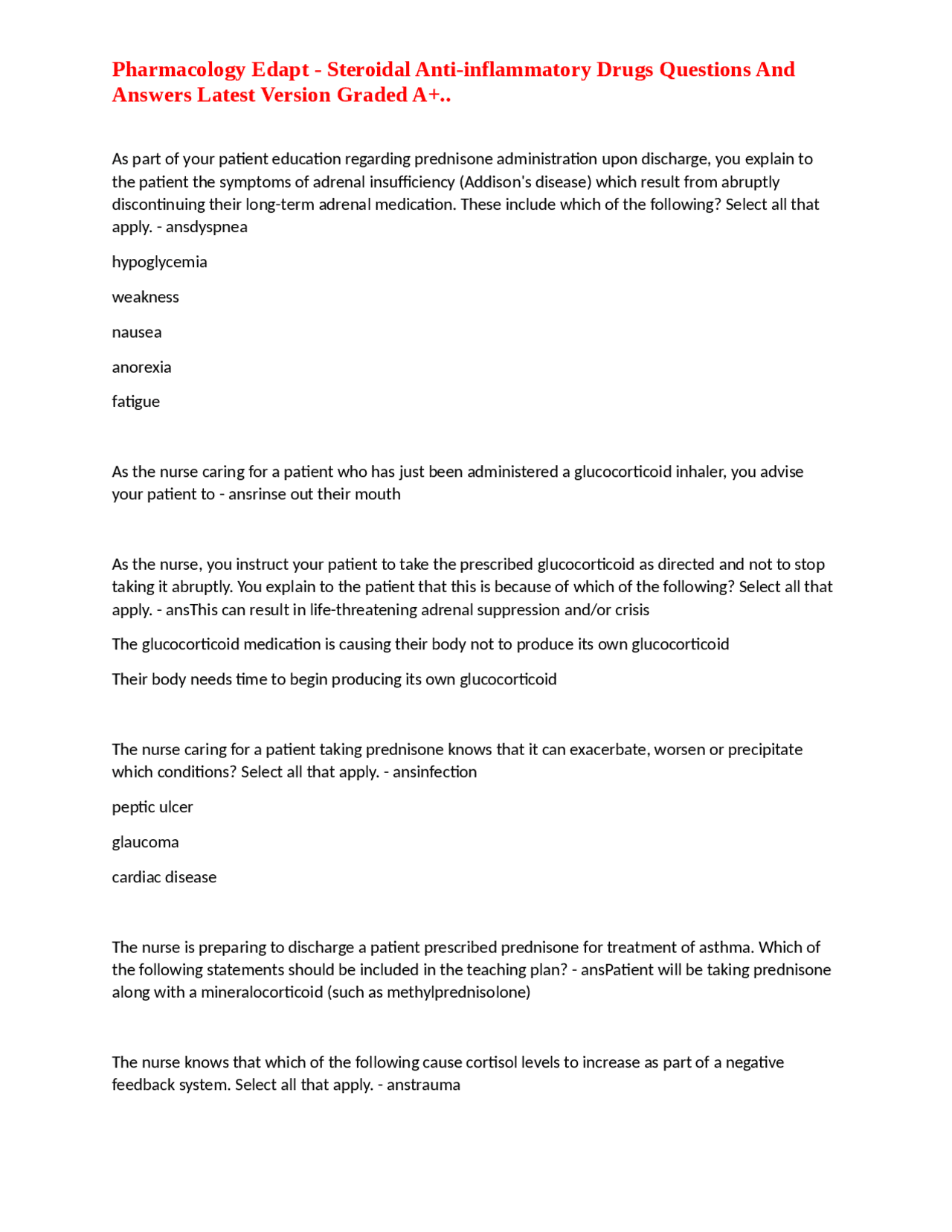 Pharmacology Edapt - Steroidal Anti-inflammatory Drugs Questions And ...