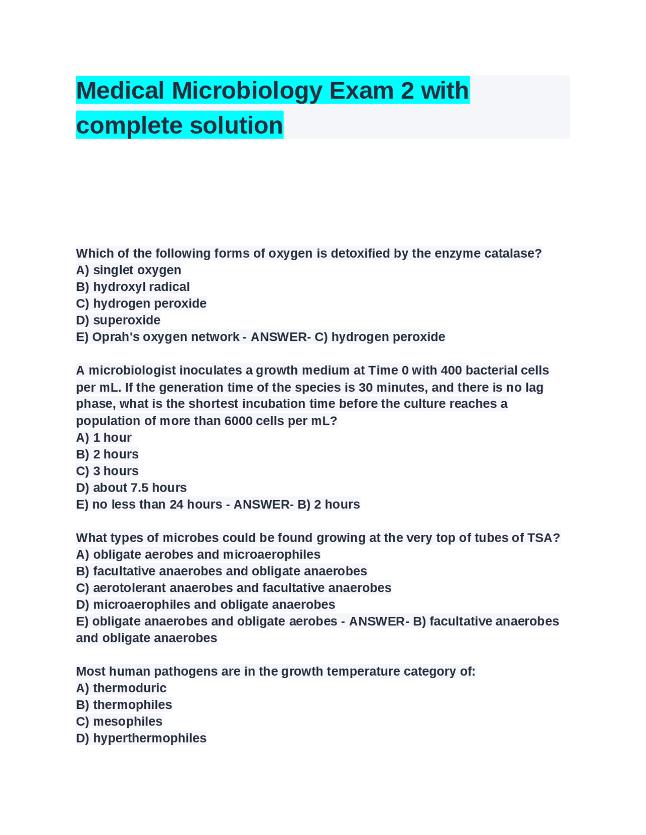 Medical Microbiology Exam 2 with complete solution | Exams Medical ...