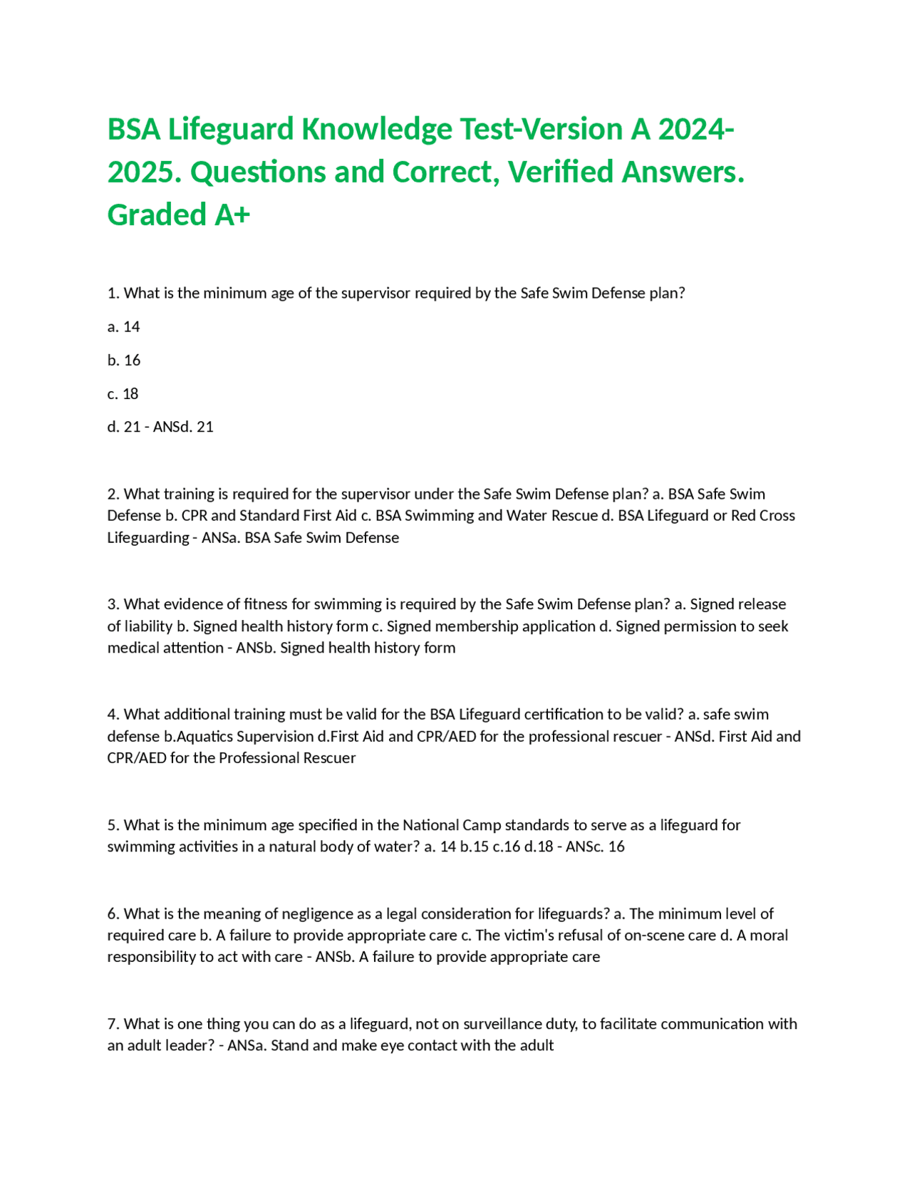 BSA Lifeguard Knowledge Test-Version A 2024-2025. Questions and Correct ...