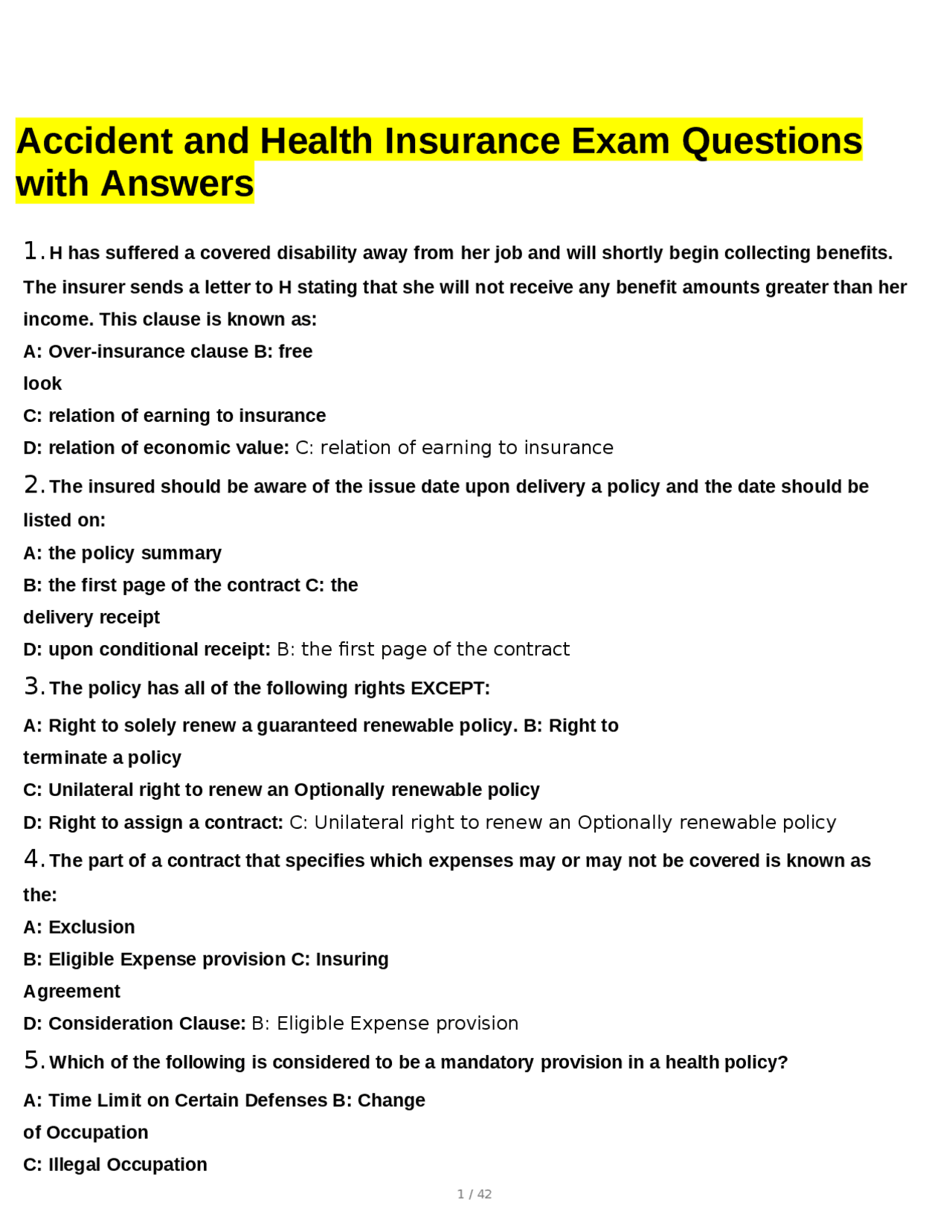 Accident and Health Insurance Exam Questions with Answers | Exams ...