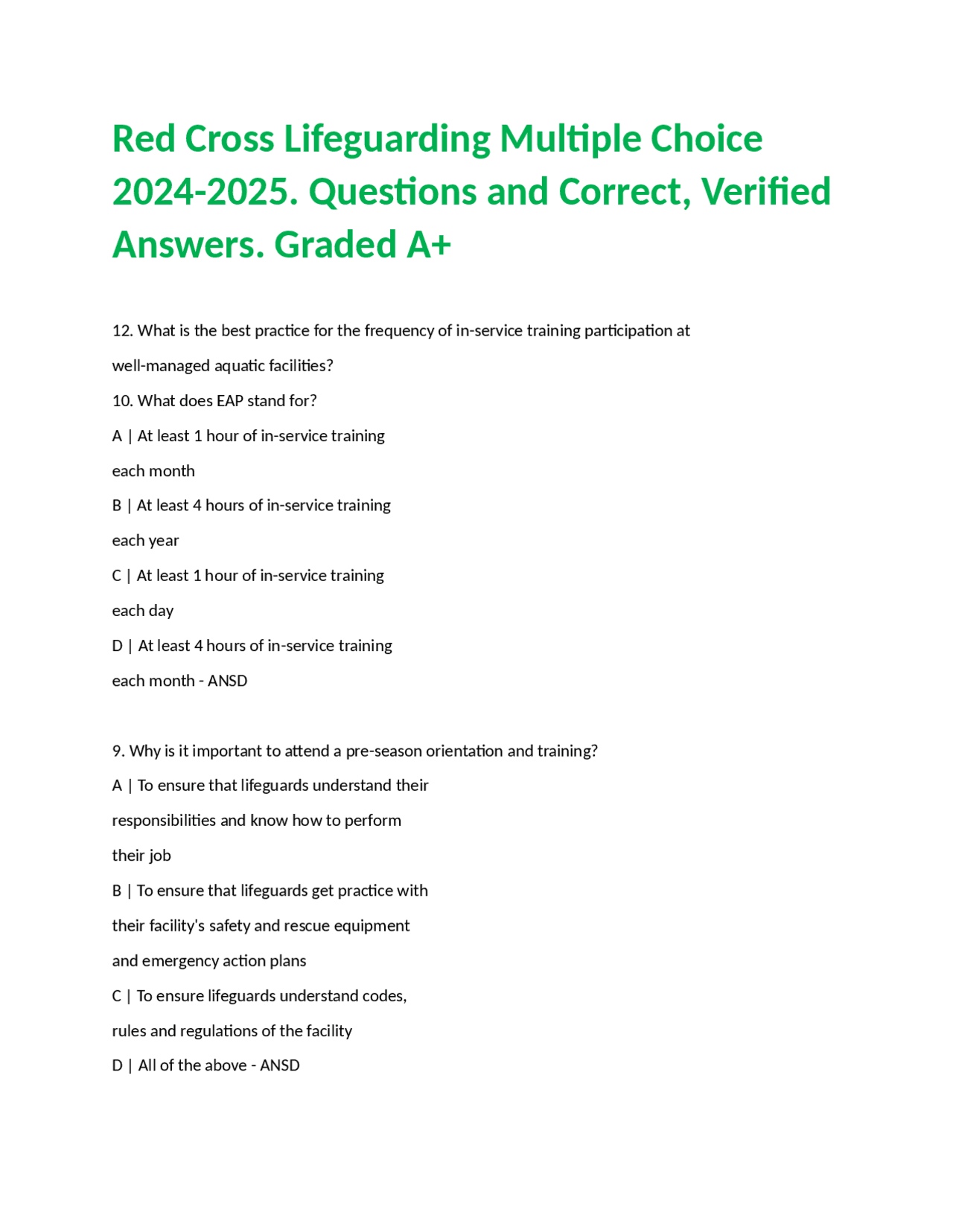 Red Cross Lifeguarding Multiple Choice 2024-2025. Questions and Correct ...