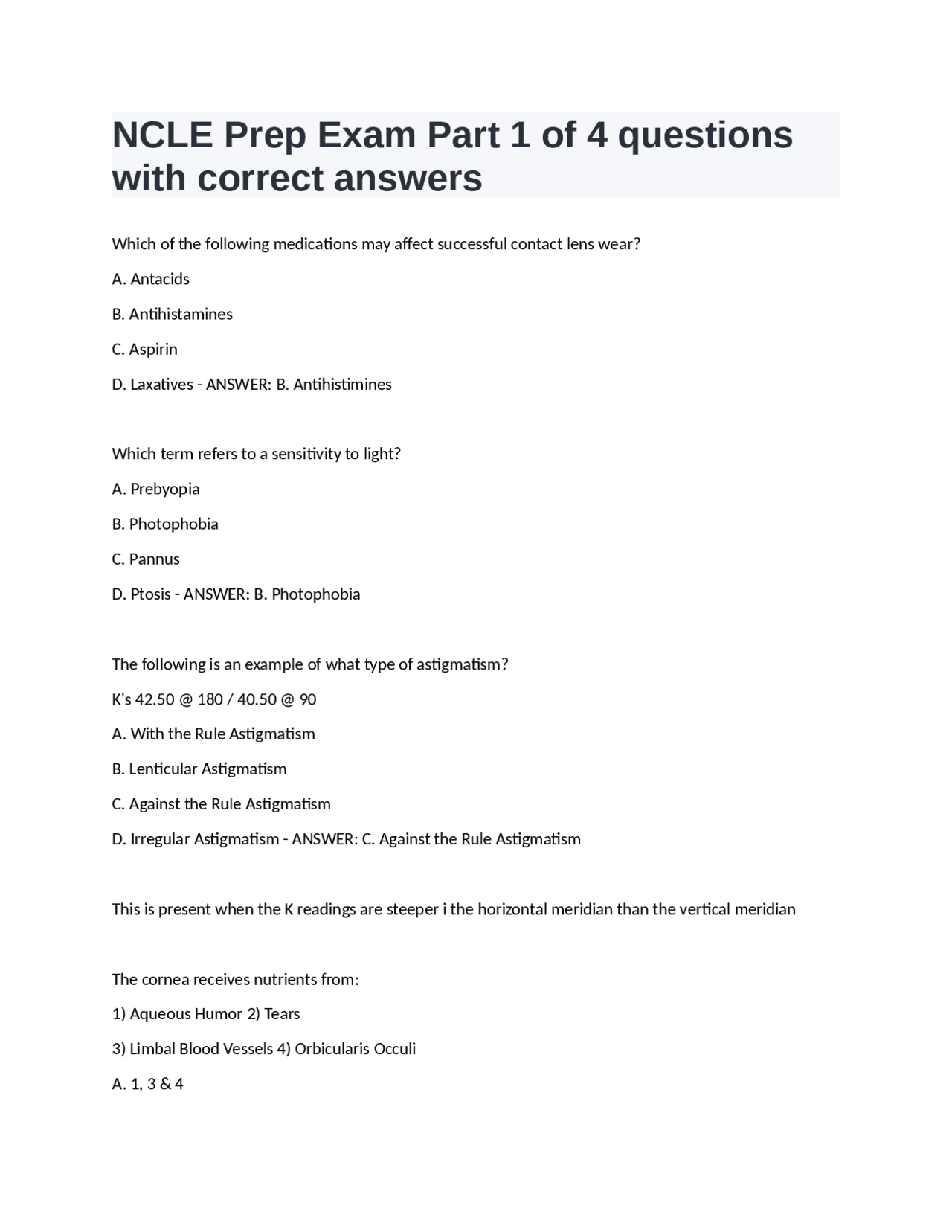 NCLE Prep Exam Part 1 of 4 questions with correct answers | Exams ...