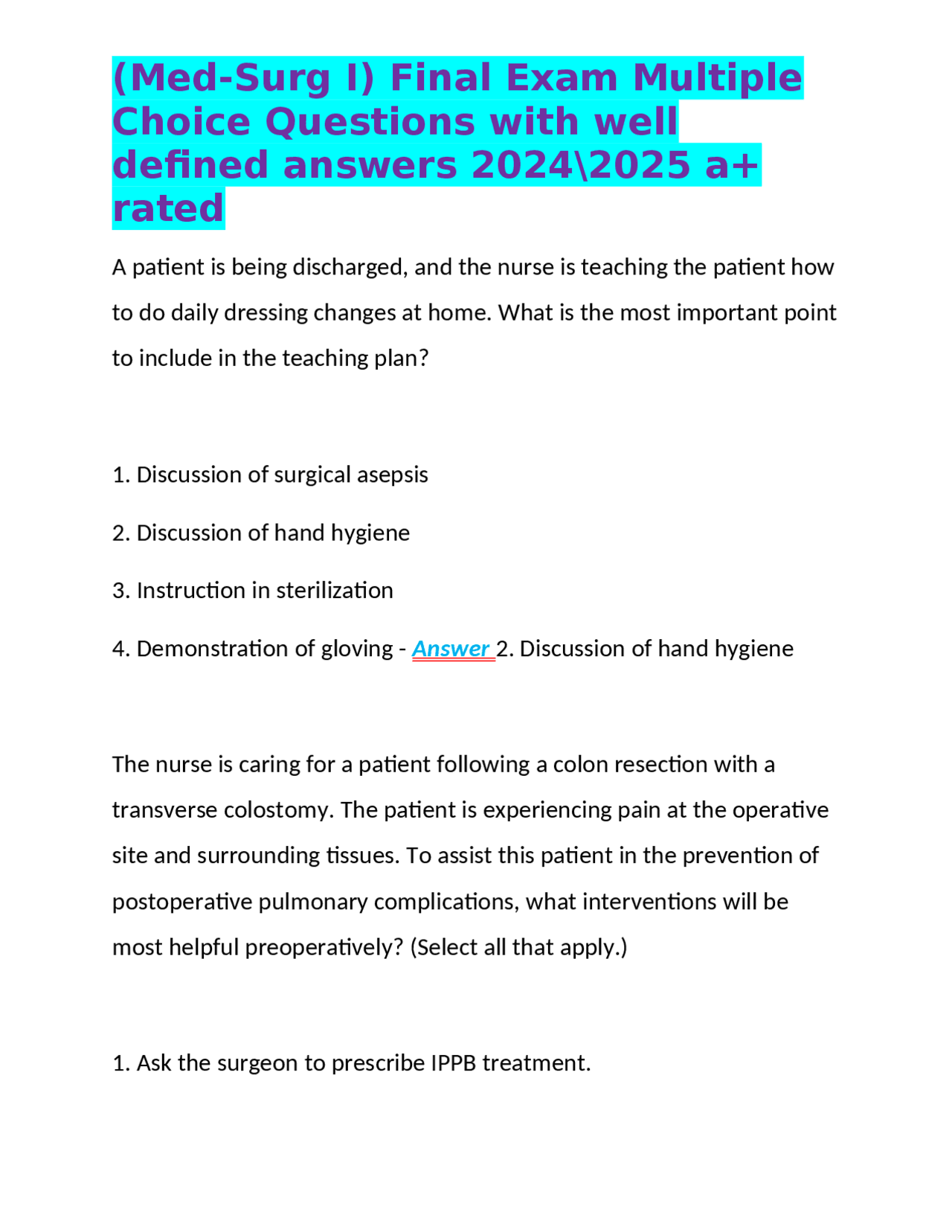 (Med-Surg I) Final Exam Multiple Choice Questions with well defined ...