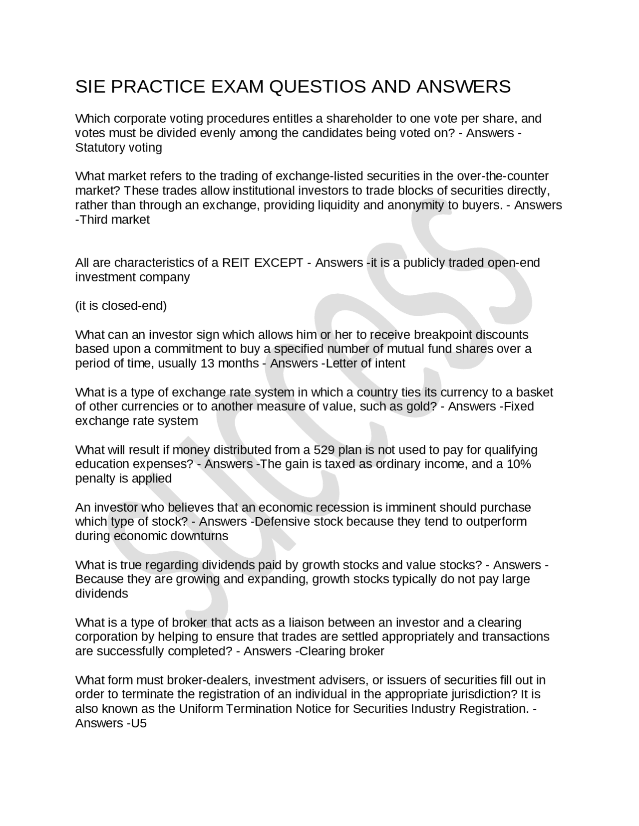 SIE PRACTICE EXAM QUESTIOS AND ANSWERS | Exams Business Economics | Docsity