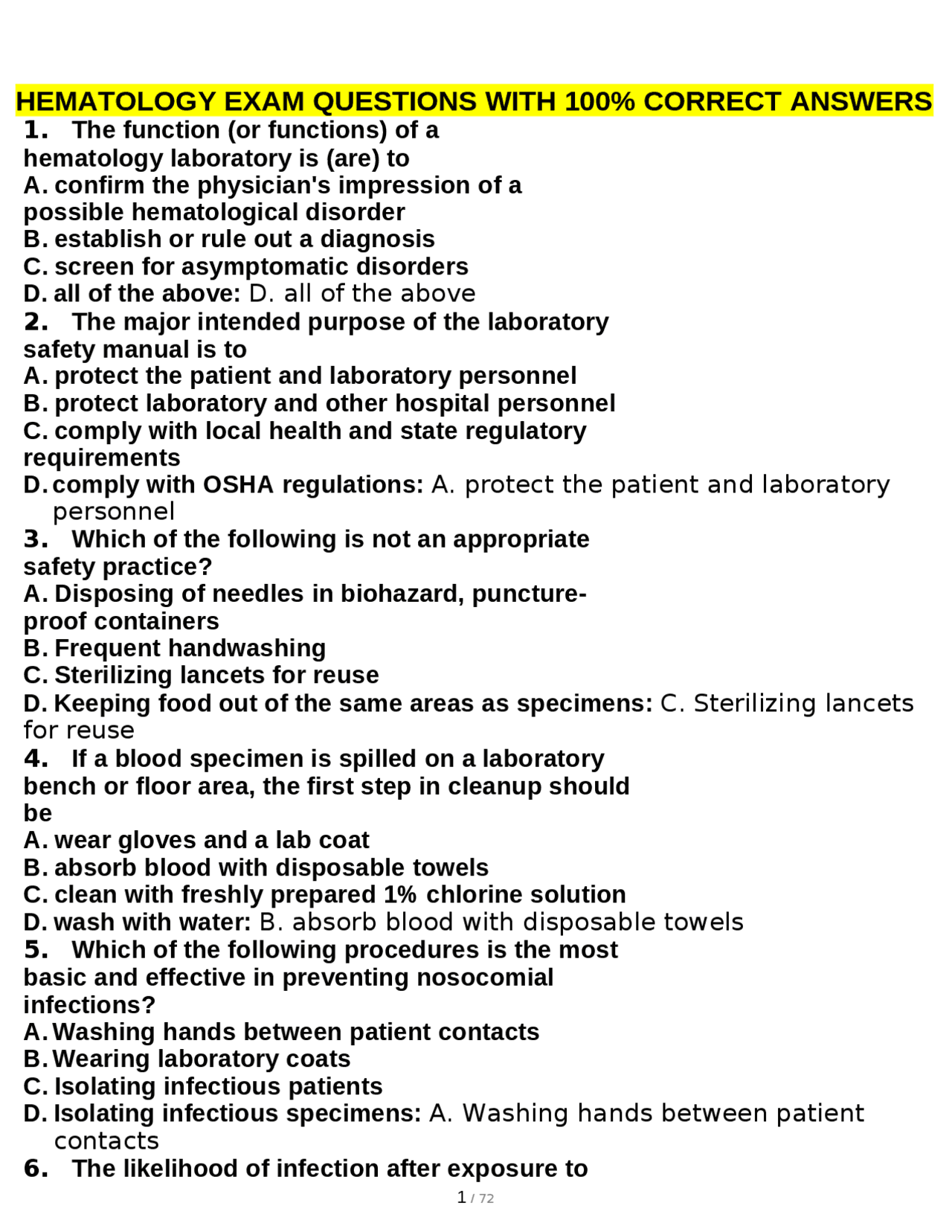 HEMATOLOGY EXAM QUESTIONS WITH 100% CORRECT ANSWERS | Exams Hematology ...
