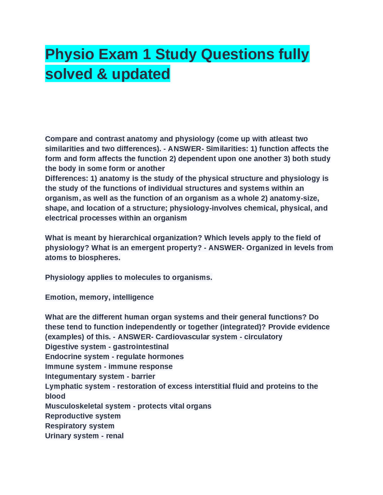 Physio Exam 1 Study Questions fully solved & updated | Exams Physiology ...