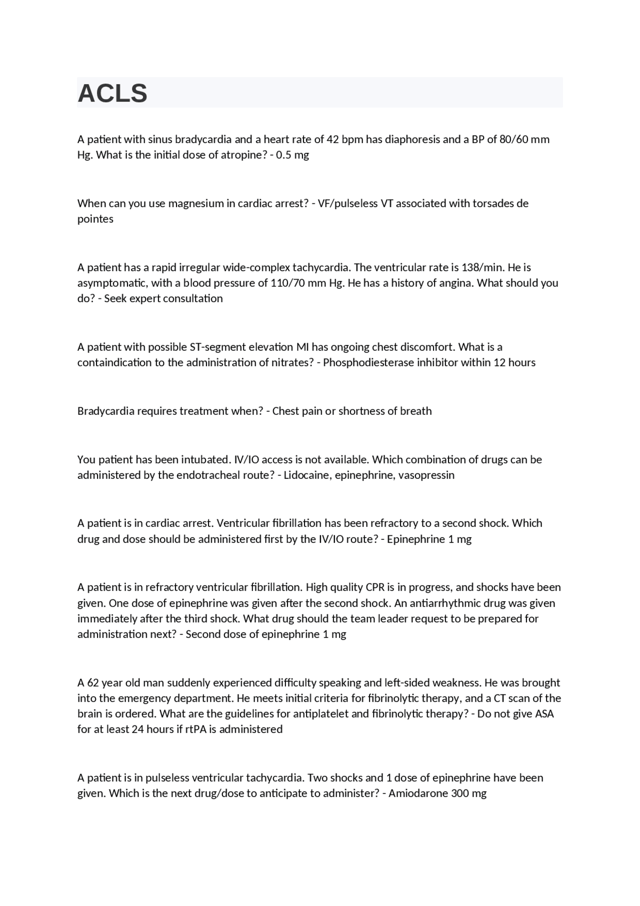 ACLS ( Questions and answers). | Exams Nursing | Docsity