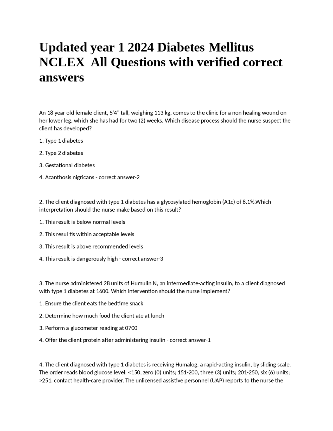 Updated year 1 2024 Diabetes Mellitus NCLEX All Questions with verified ...