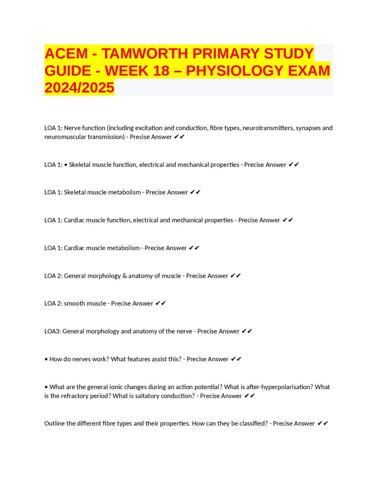 ACEM - TAMWORTH PRIMARY STUDY GUIDE - WEEK 18 – PHYSIOLOGY EXAM 2024/ ...