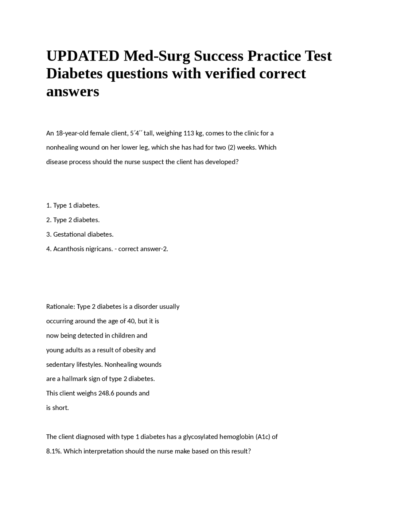 UPDATED Med-Surg Success Practice Test Diabetes questions with verified ...
