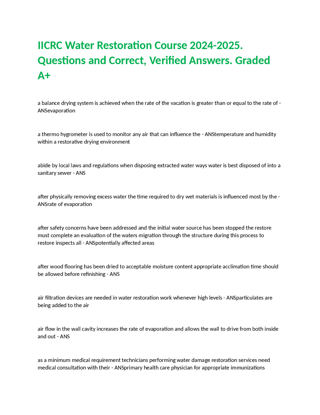 IICRC Water Restoration Course 2024-2025. Questions & Correct, Verified ...