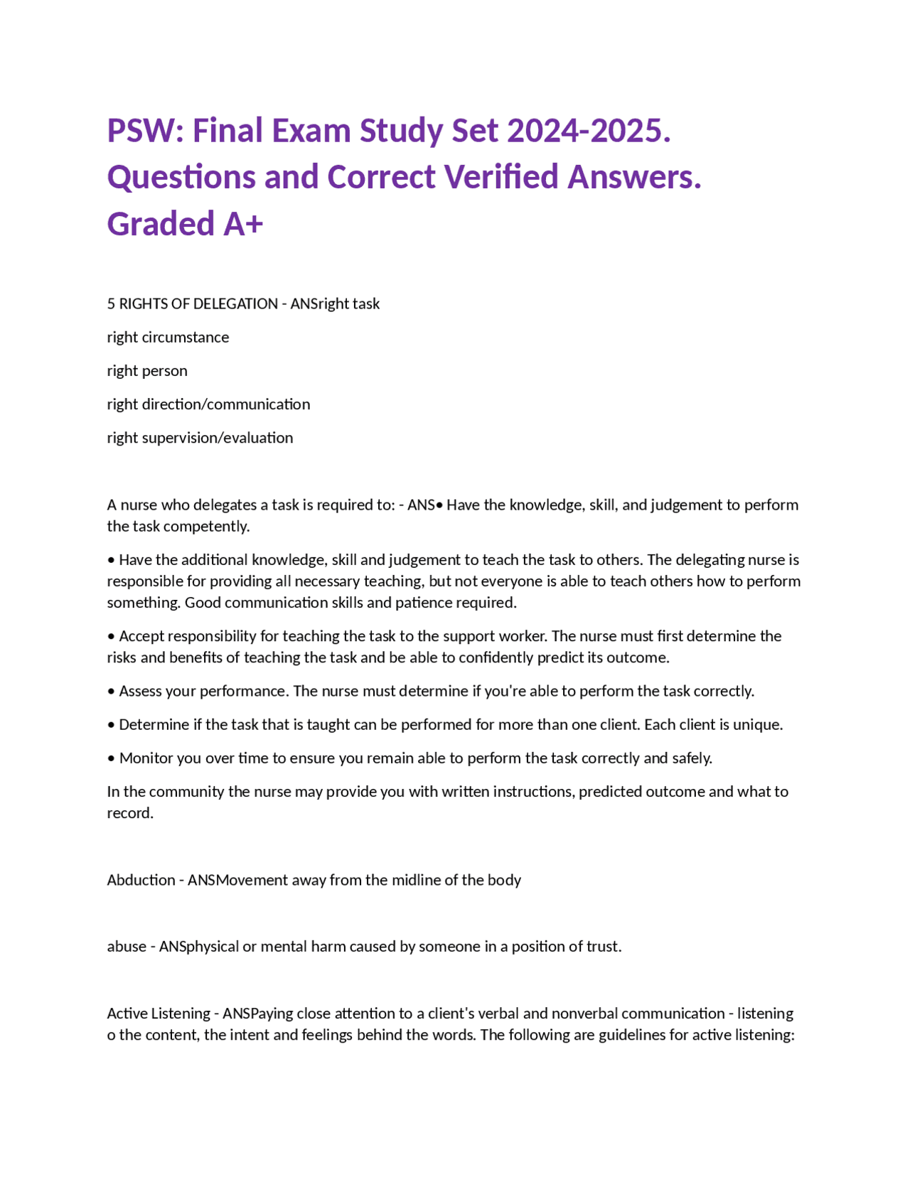 PSW: Final Exam Study Set 2024-2025. Questions and Correct Verified ...