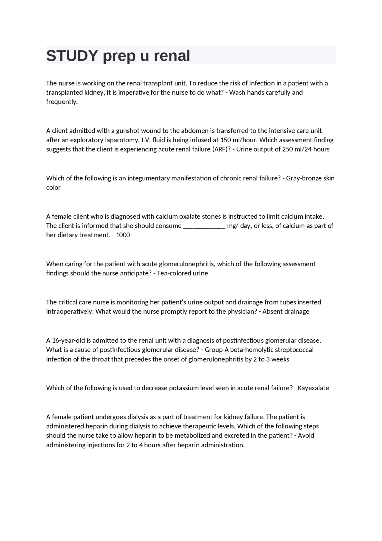 STUDY prep u renal ( questions and answers) | Exams Medicine | Docsity