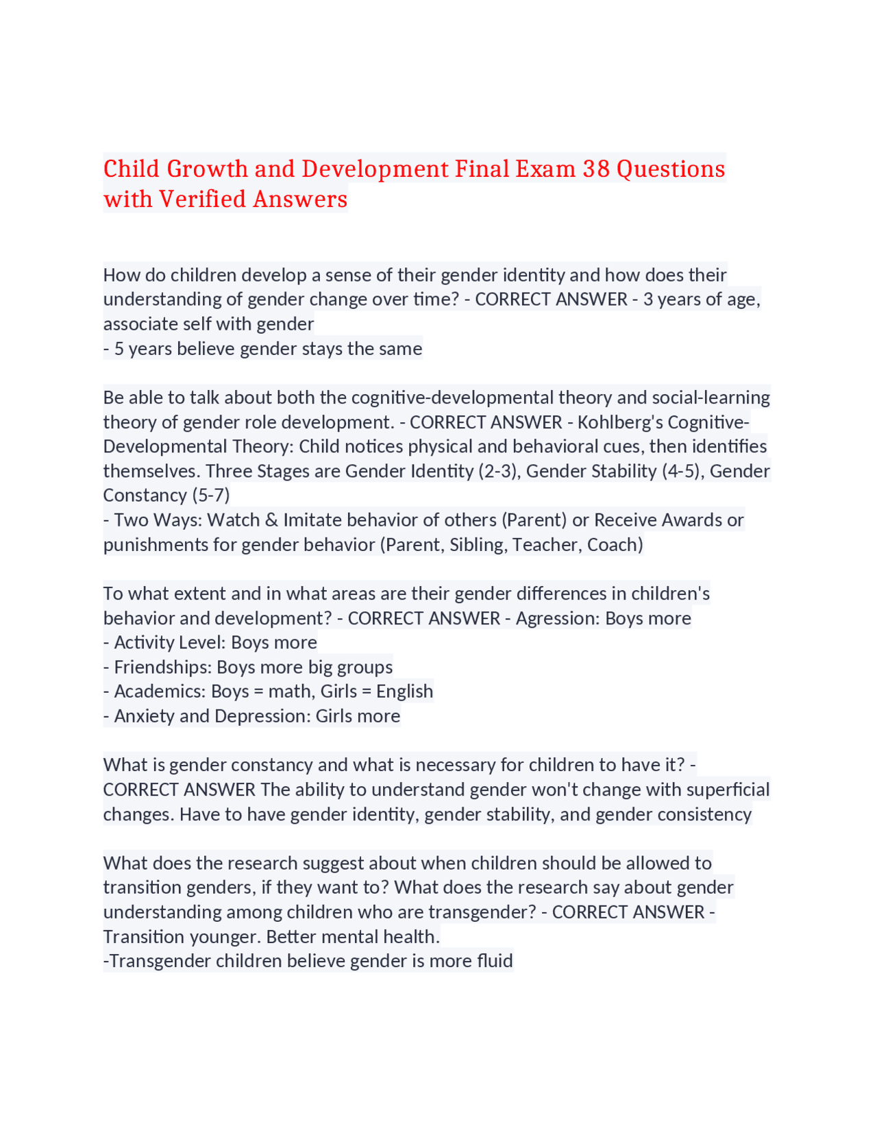 Child Growth and Development Final Exam 38 Questions with Verified ...