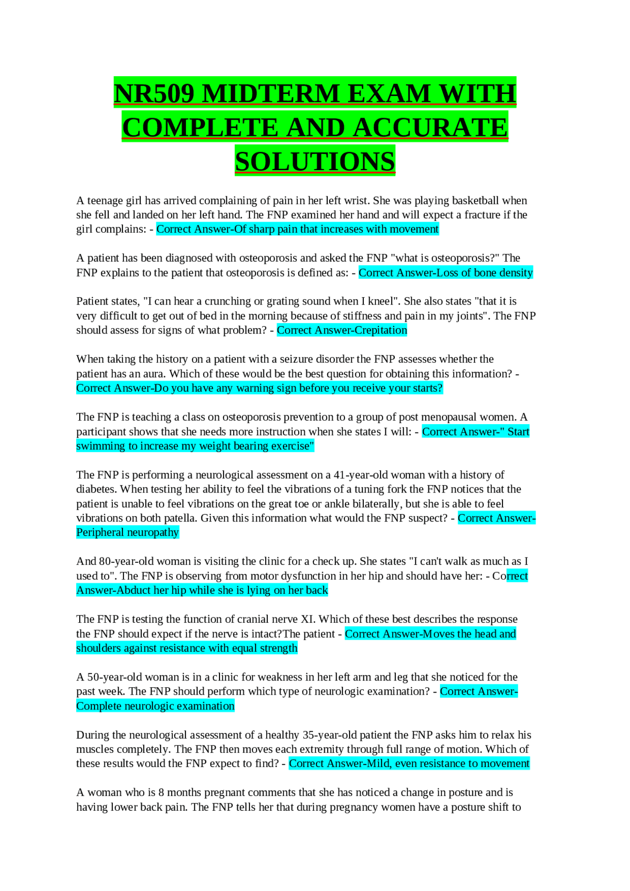 NR509 MIDTERM EXAM WITH COMPLETE AND ACCURATE SOLUTIONS | Exams Nursing | Docsity