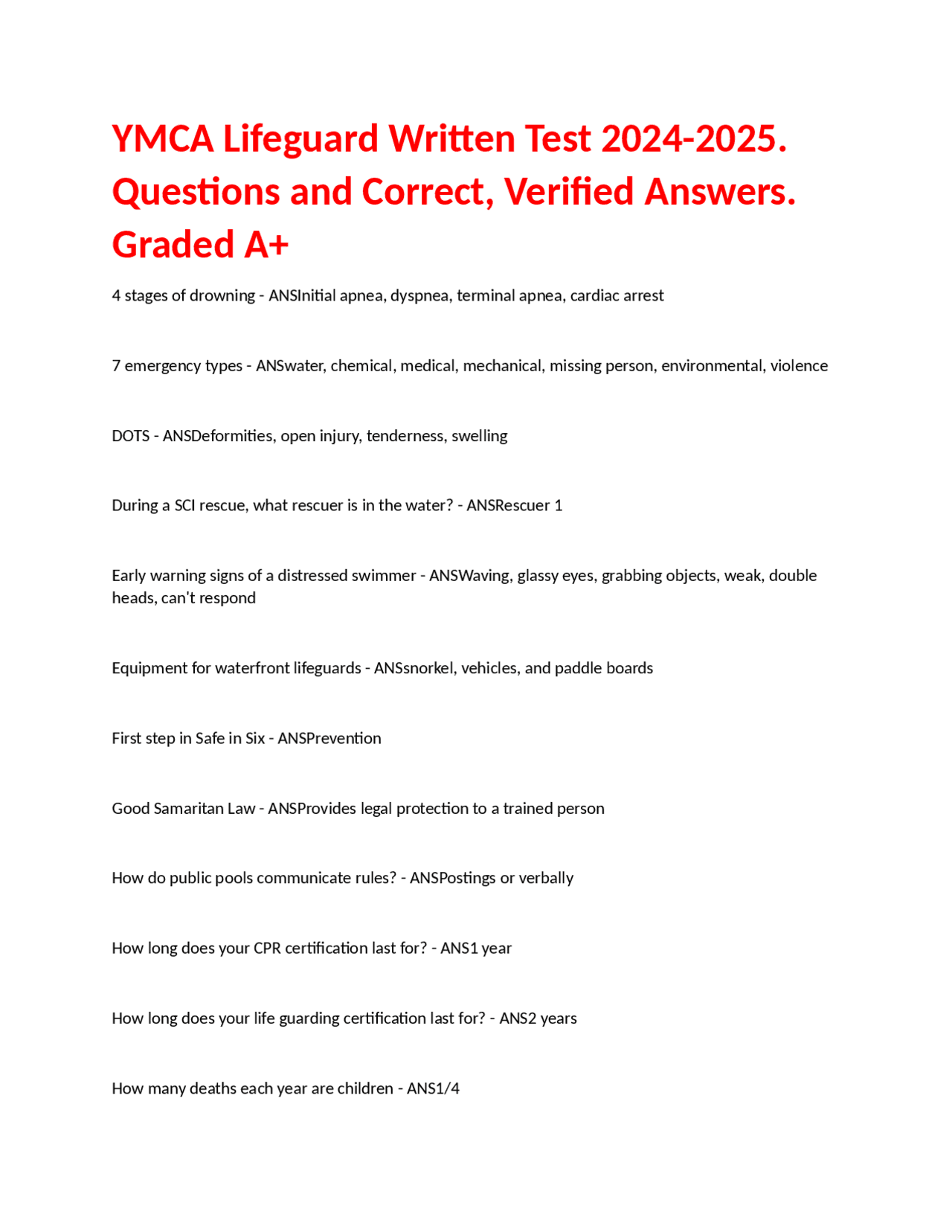 YMCA Lifeguard Written Test 2024-2025. Questions and Correct, Verified ...
