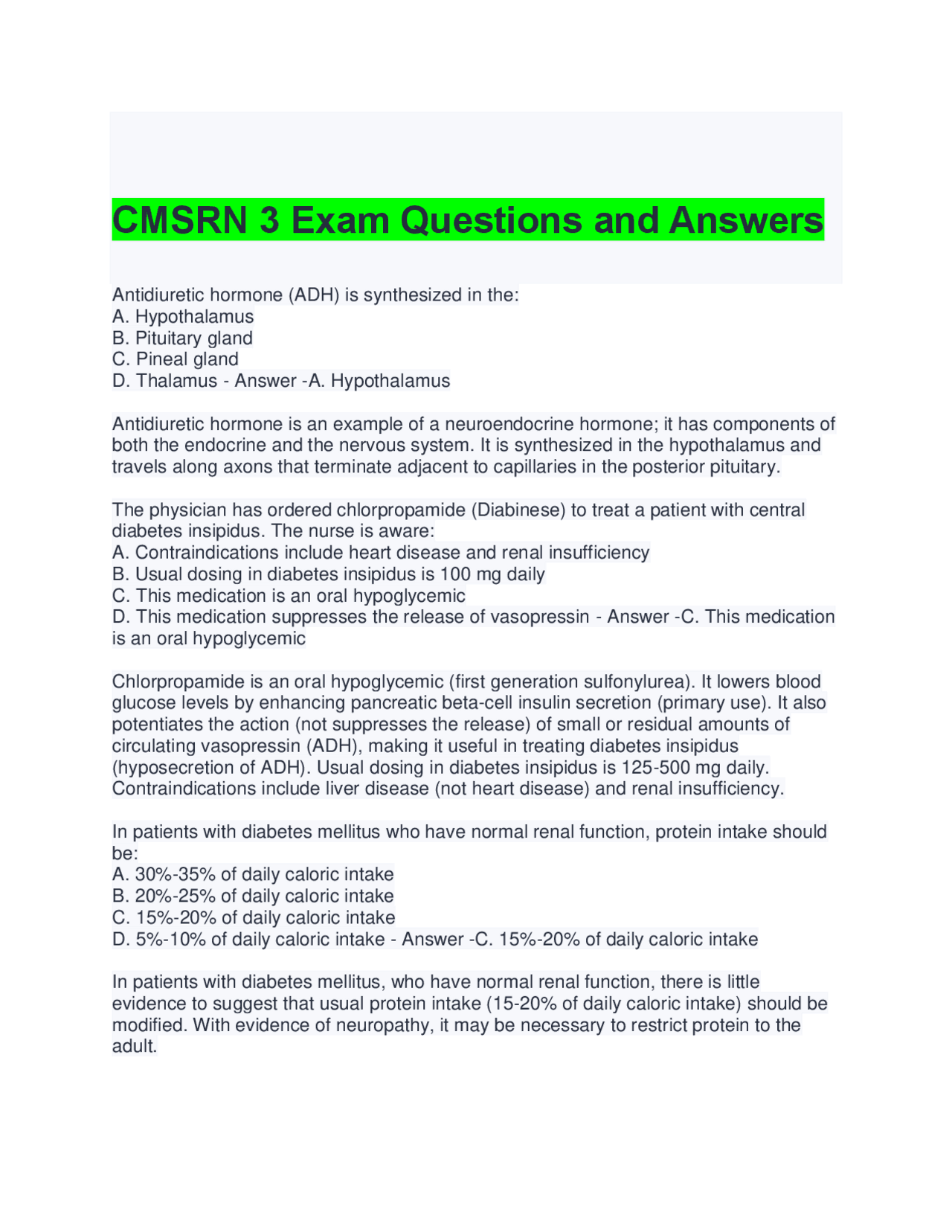CMSRN 3 Exam Questions and Answers | Exams Nursing | Docsity