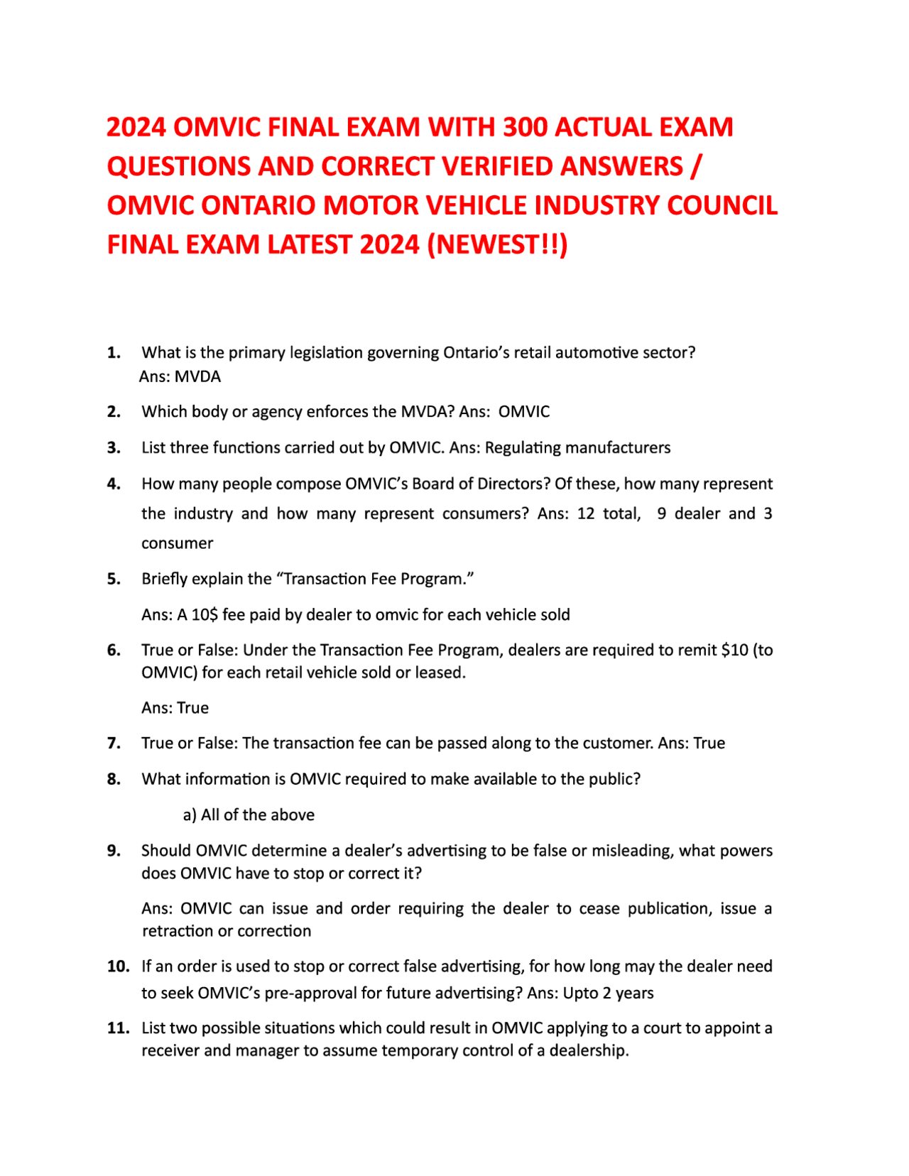 2024 OMVIC FINAL EXAM WITH 300 ACTUAL EXAM QUESTIONS AND CORRECT ...