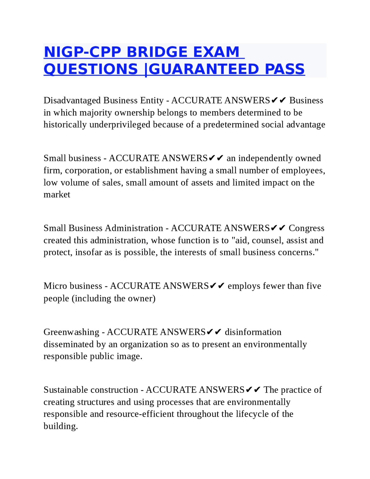 NIGP-CPP BRIDGE EXAM QUESTIONS |GUARANTEED PASS | Exams Nursing | Docsity