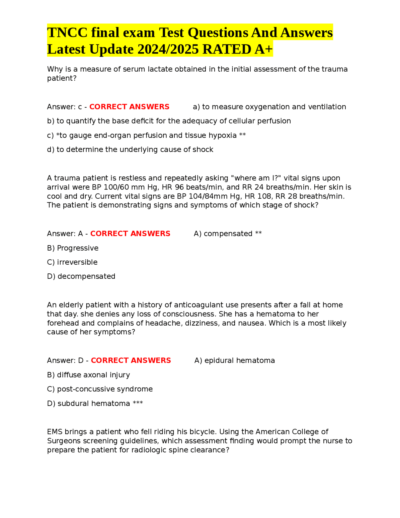 TNCC final exam Test Questions And Answers Latest Update 2024/2025 ...