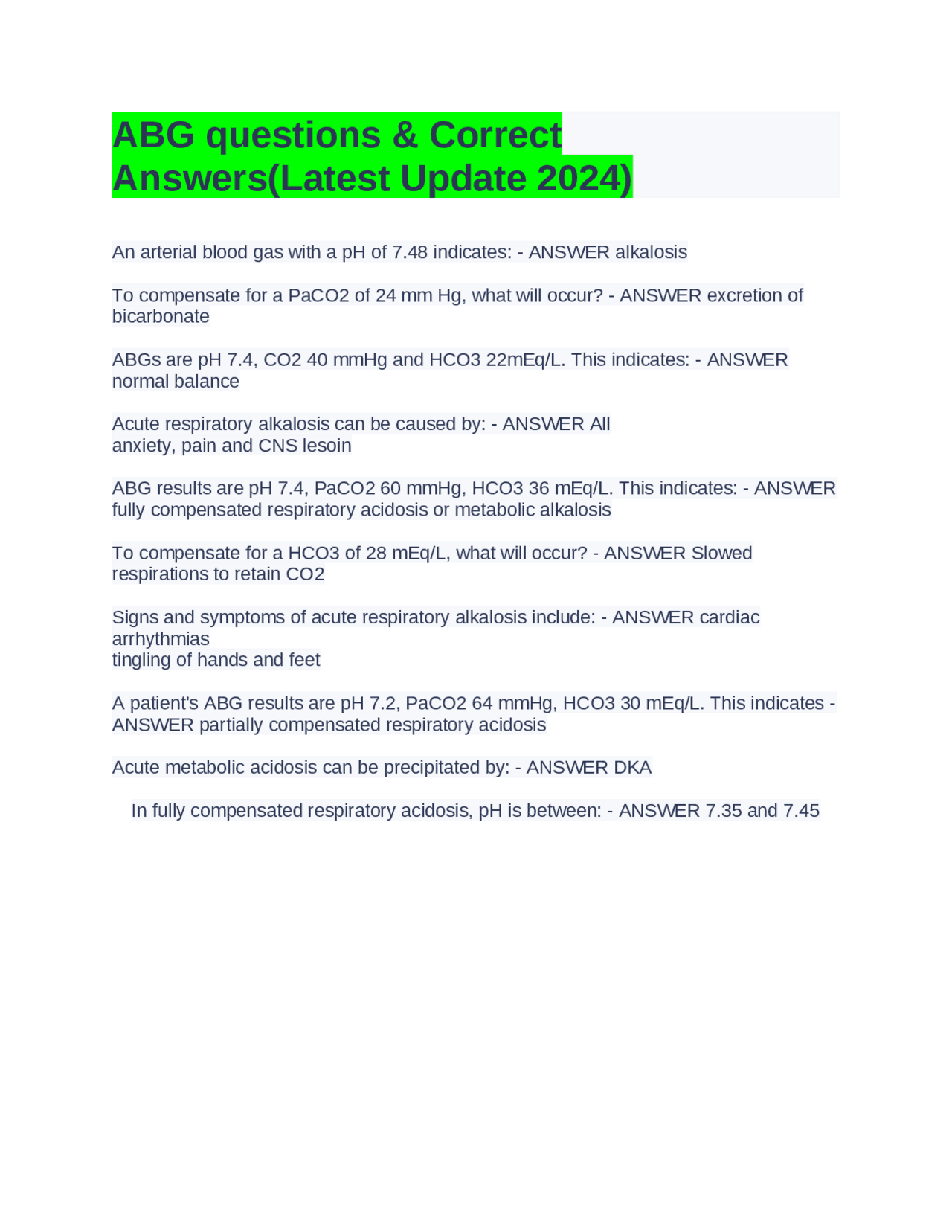 ABG questions & Correct Answers(Latest Update 2024) | Exams Nursing ...