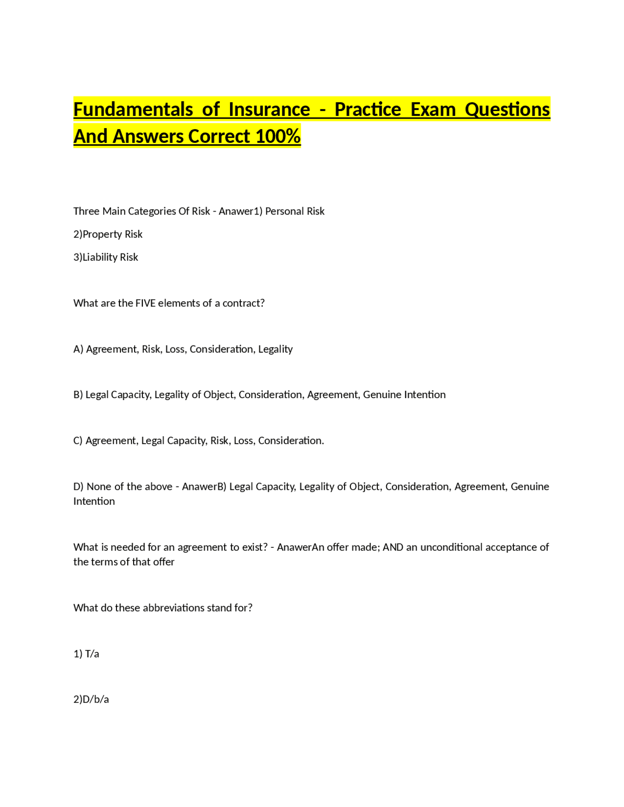 Fundamentals of Insurance - Practice Exam Questions And Answers Correct ...