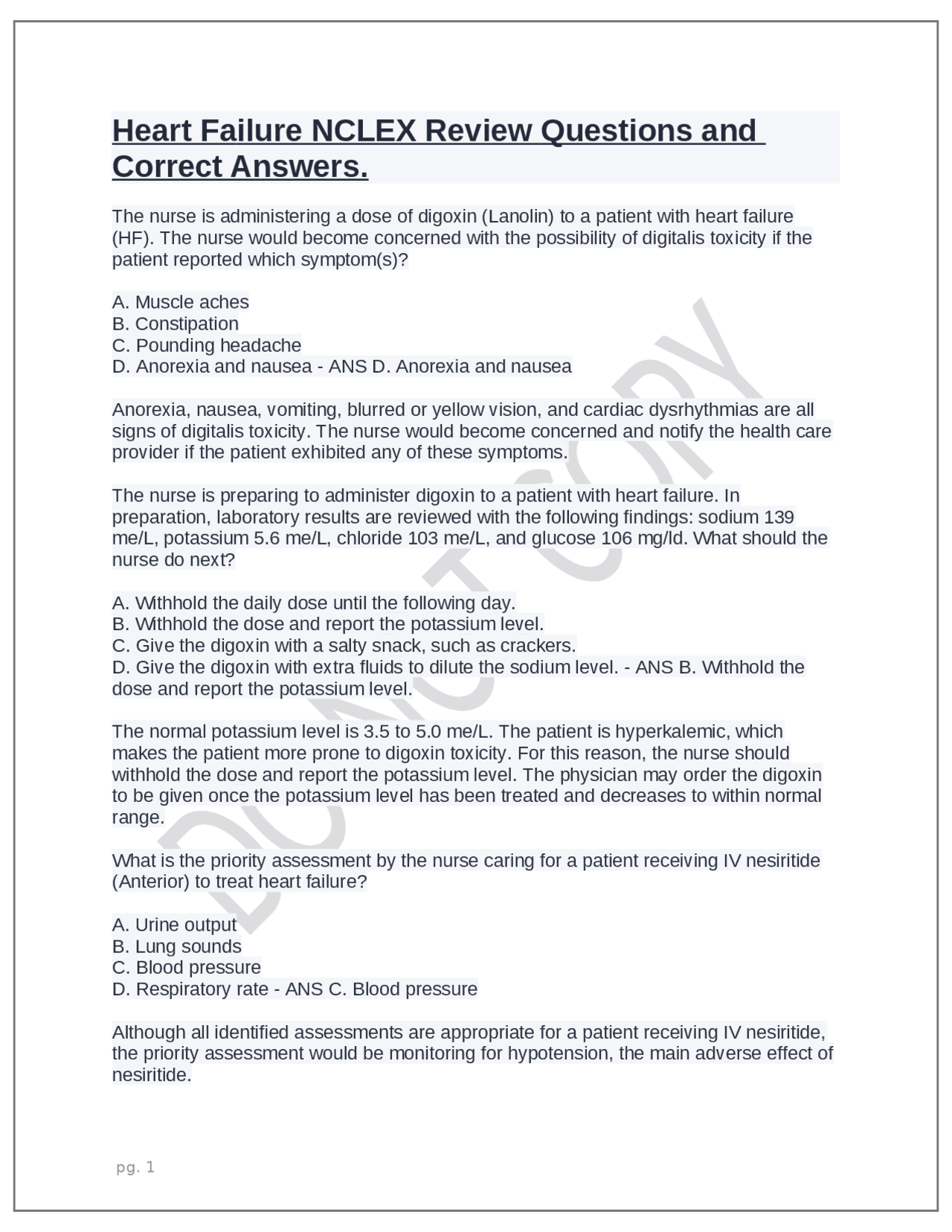 Heart Failure NCLEX Review Questions and Correct Answers. | Exams ...