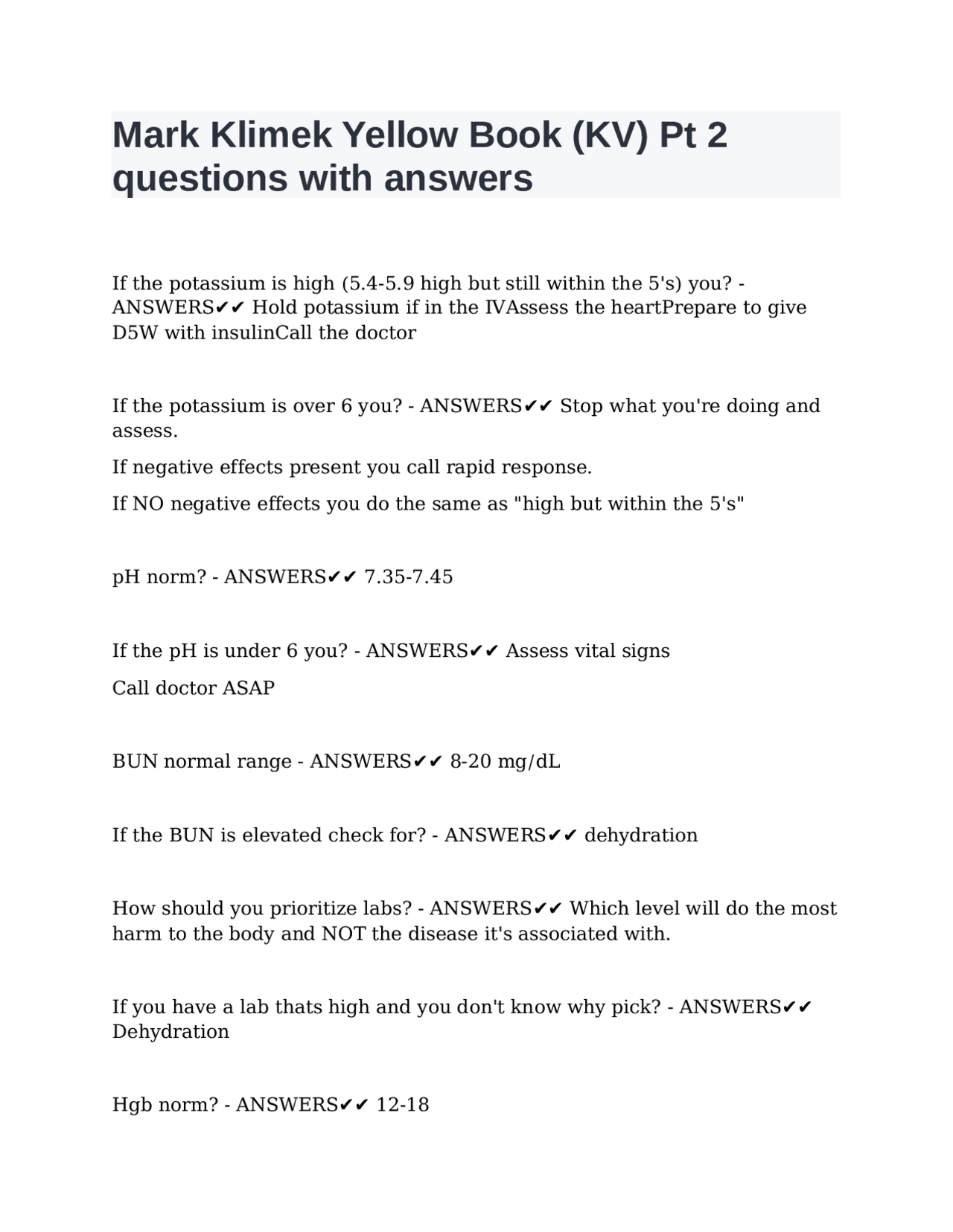 Mark Klimek Yellow Book (KV) Pt 2 questions with answers | Exams ...