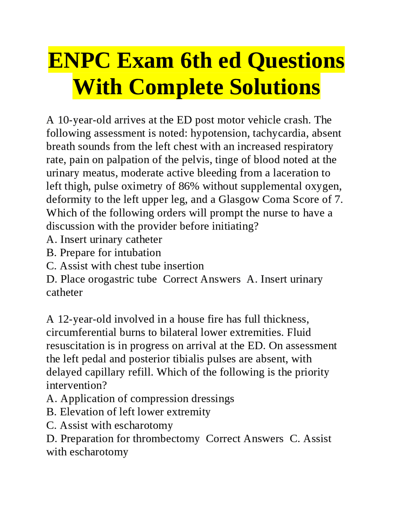 ENPC Exam 6th ed Questions With Complete Solutions | Exams Nursing ...