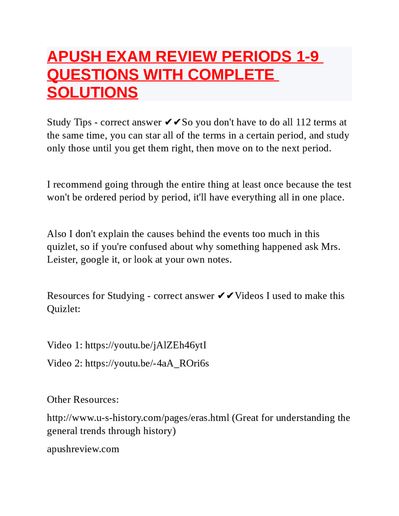 APUSH EXAM REVIEW PERIODS 1-9 QUESTIONS WITH COMPLETE SOLUTIONS | Exams ...