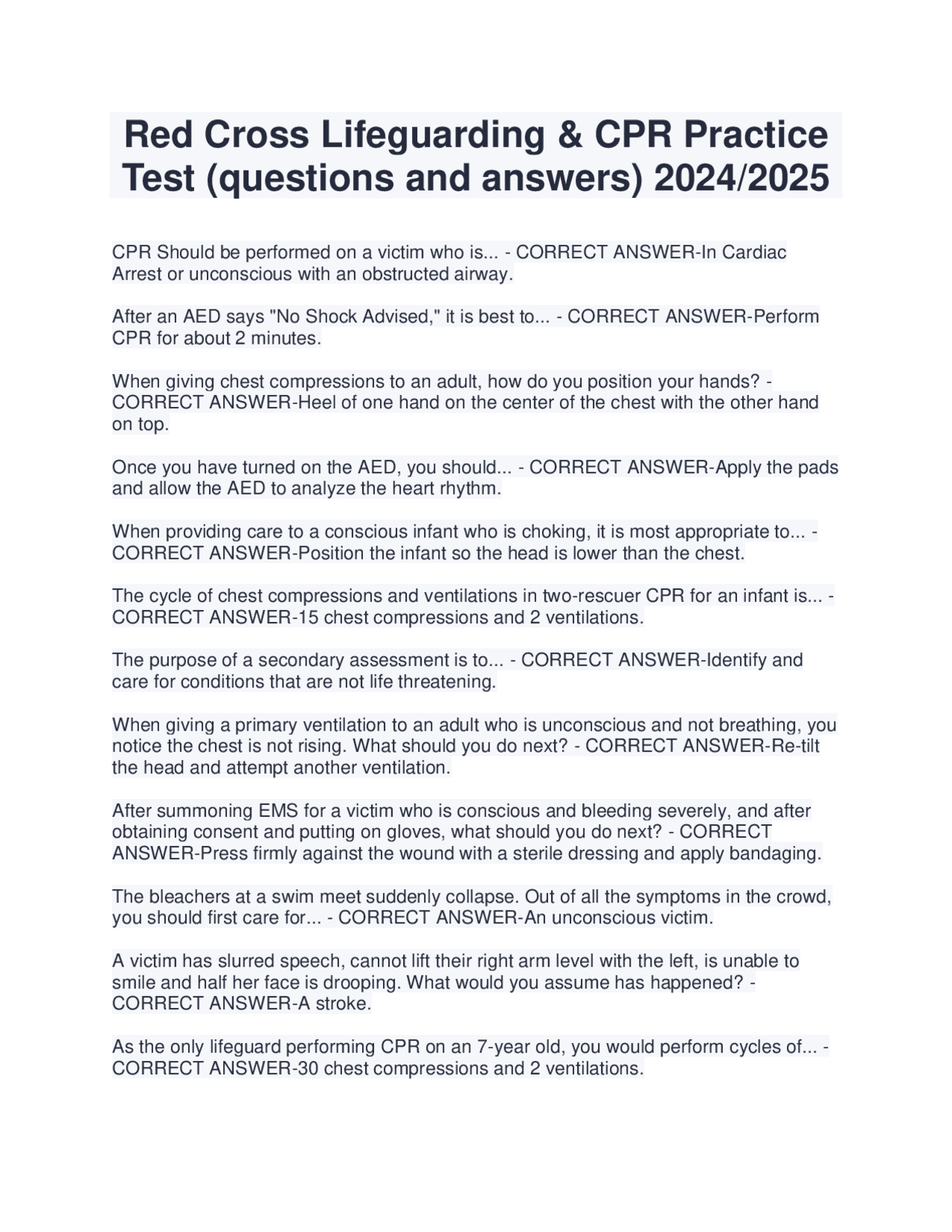 Red Cross Lifeguarding & CPR Practice Test (questions and answers) 2024 ...