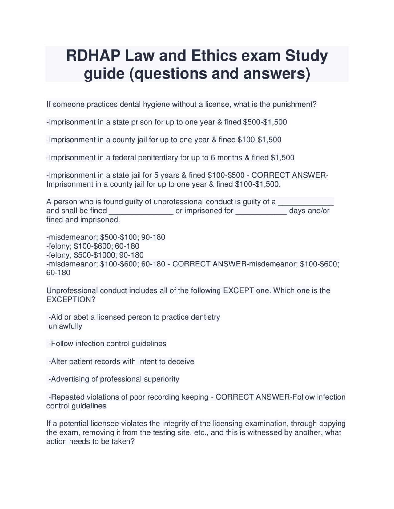 RDHAP Law and Ethics exam Study guide (questions and answers) | Exams ...