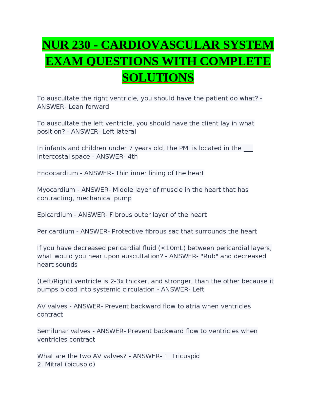 NUR 230 - CARDIOVASCULAR SYSTEM EXAM QUESTIONS WITH COMPLETE SOLUTIONS ...