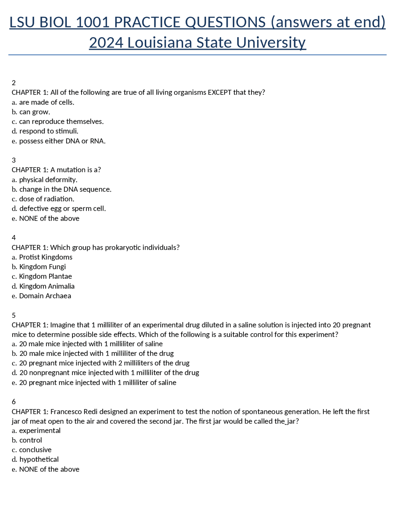 LSU BIOL 1001 PRACTICE QUESTIONS (answers at end) 2024 Louisiana State ...