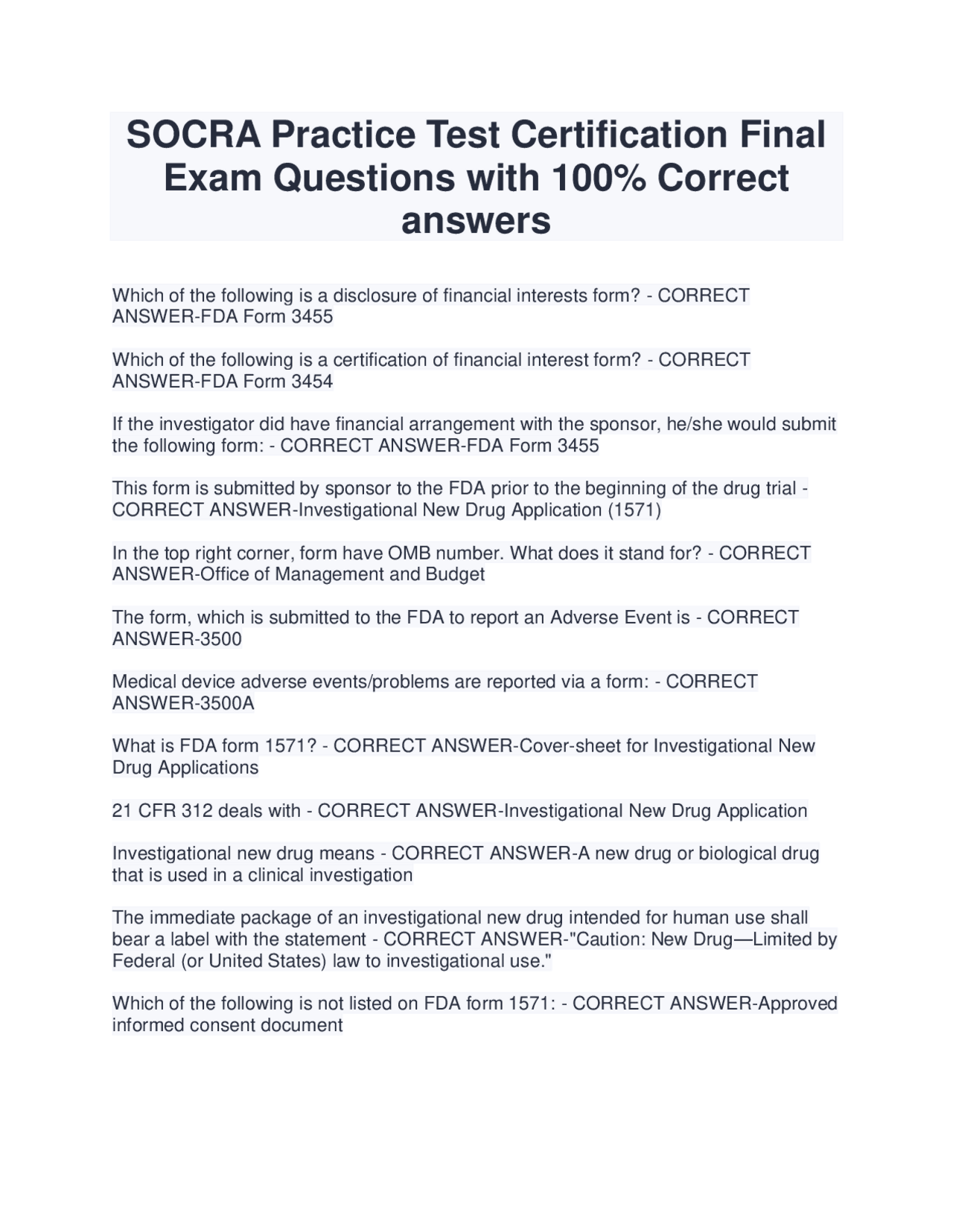 SOCRA Practice Test Certification Final Exam Questions with 100% ...