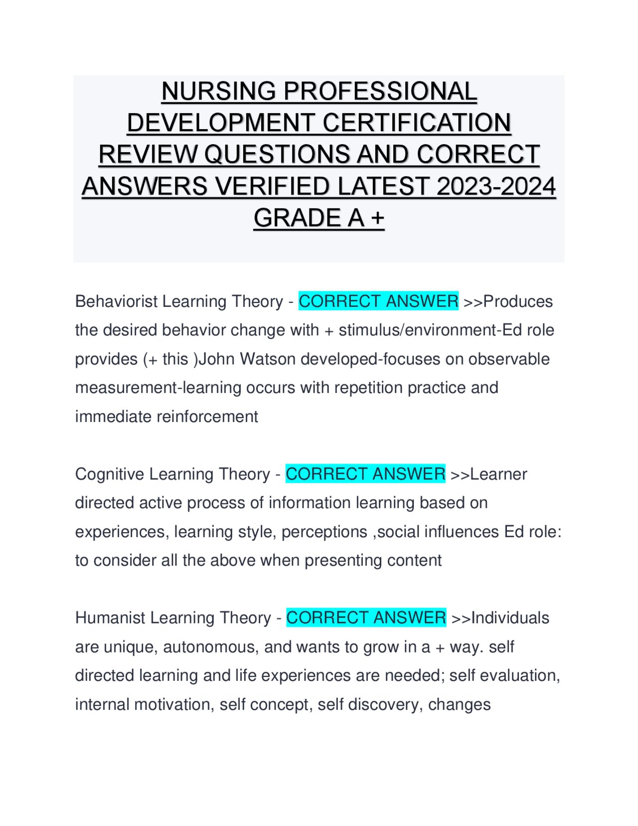NURSING PROFESSIONAL DEVELOPMENT CERTIFICATION REVIEW QUESTIONS AND ...
