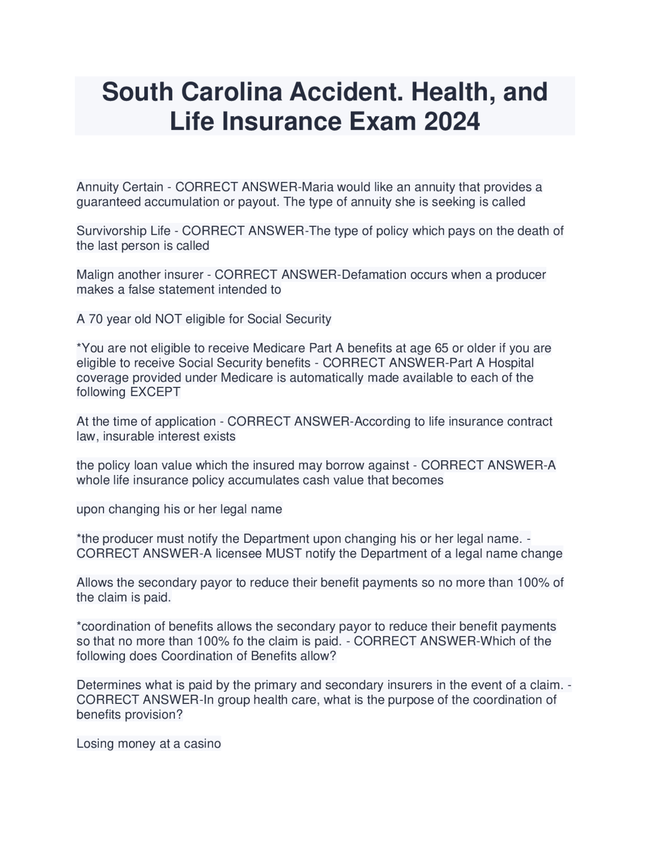 South Carolina Accident. Health, and Life Insurance Exam 2024 | Exams ...
