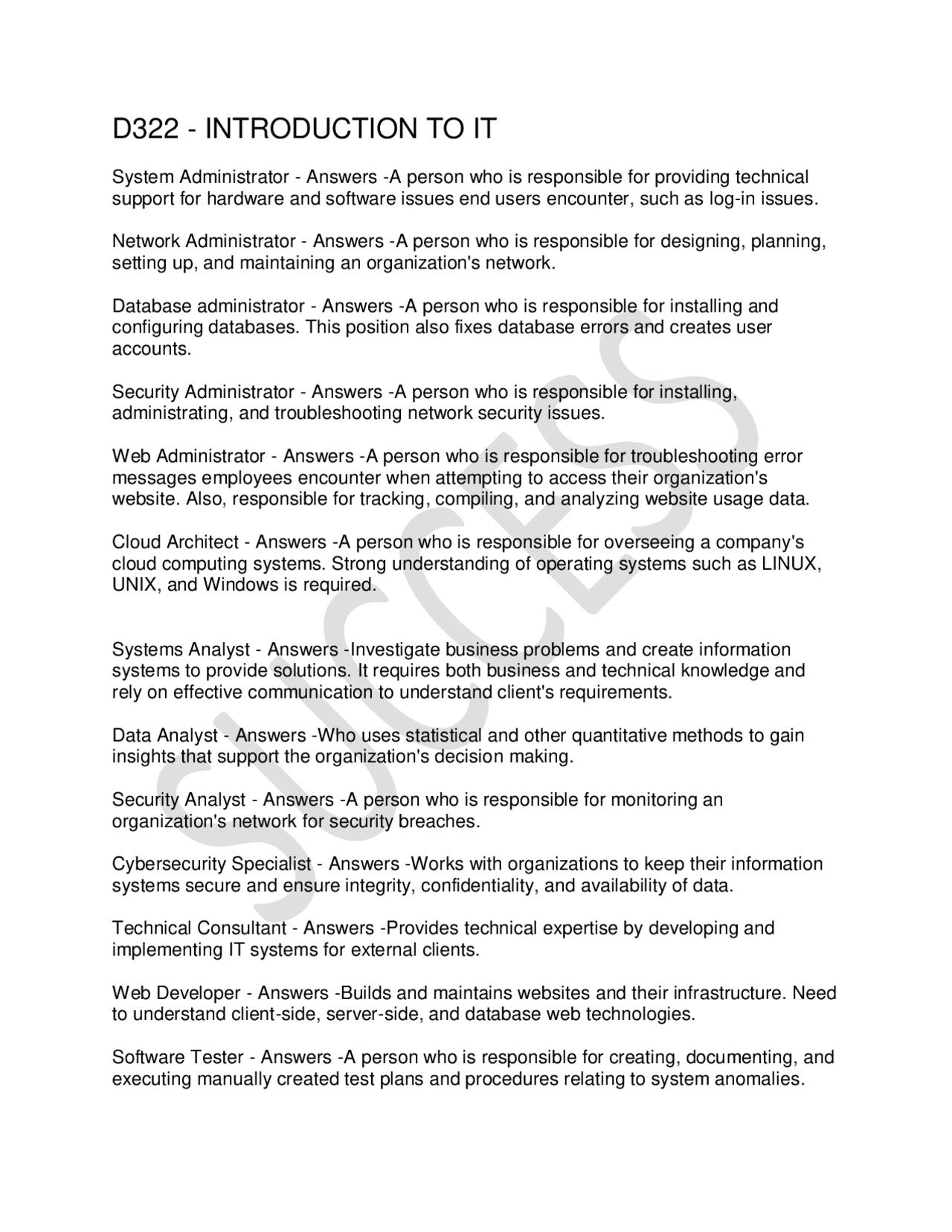 D322 - INTRODUCTION TO IT | Exams Information Technology | Docsity