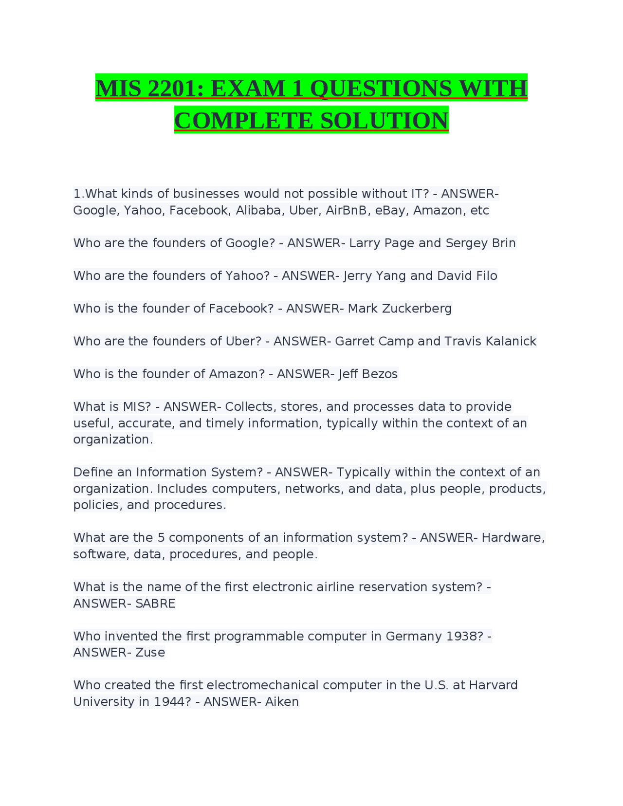 MIS 2201: EXAM 1 QUESTIONS WITH COMPLETE SOLUTIONS | Exams Information Systems | Docsity