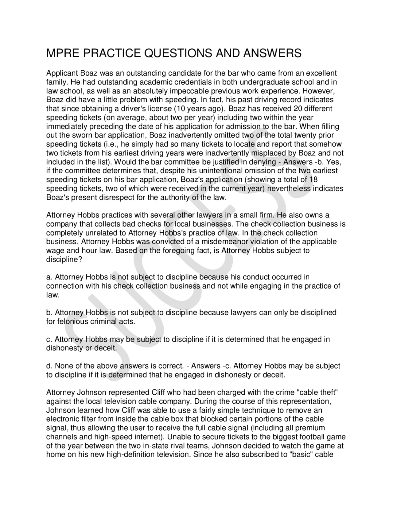 MPRE PRACTICE QUESTIONS AND ANSWERS | Exams Philosophy | Docsity