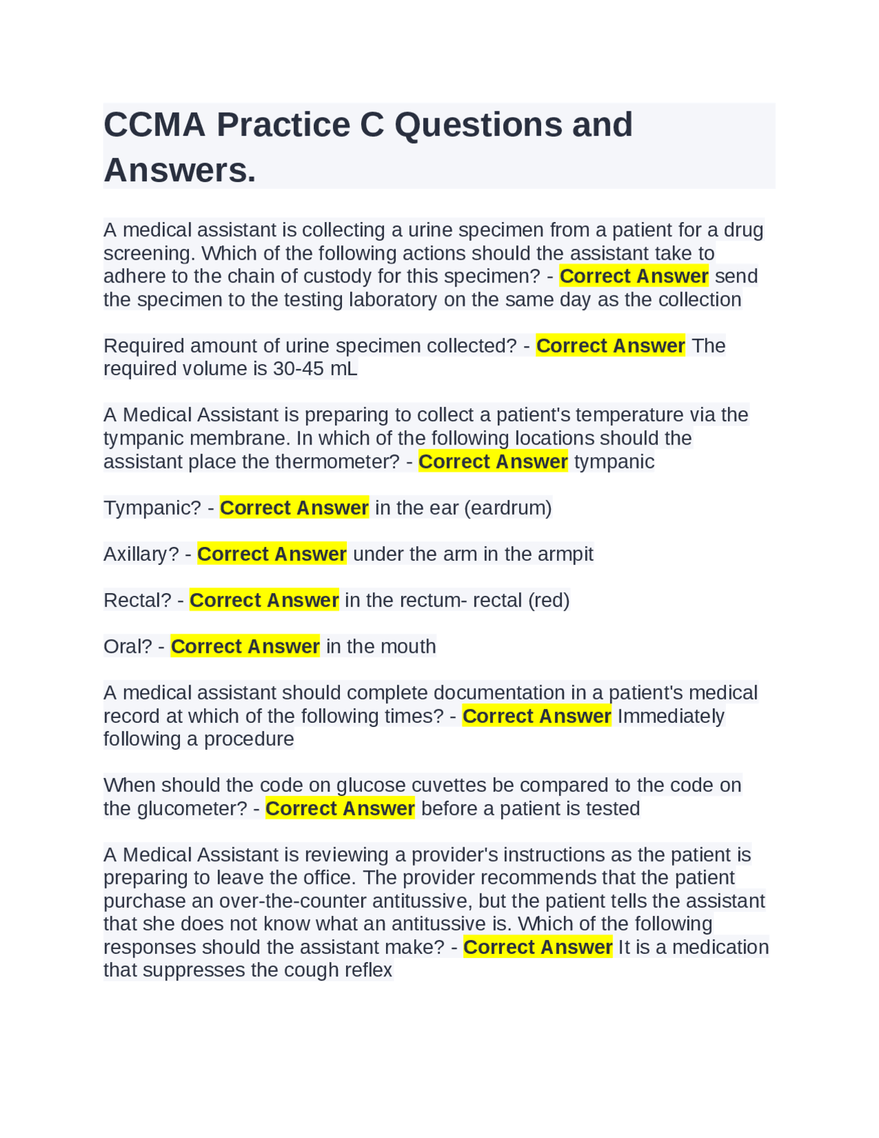 CCMA Practice C Questions and Answers. | Exams Medicine | Docsity