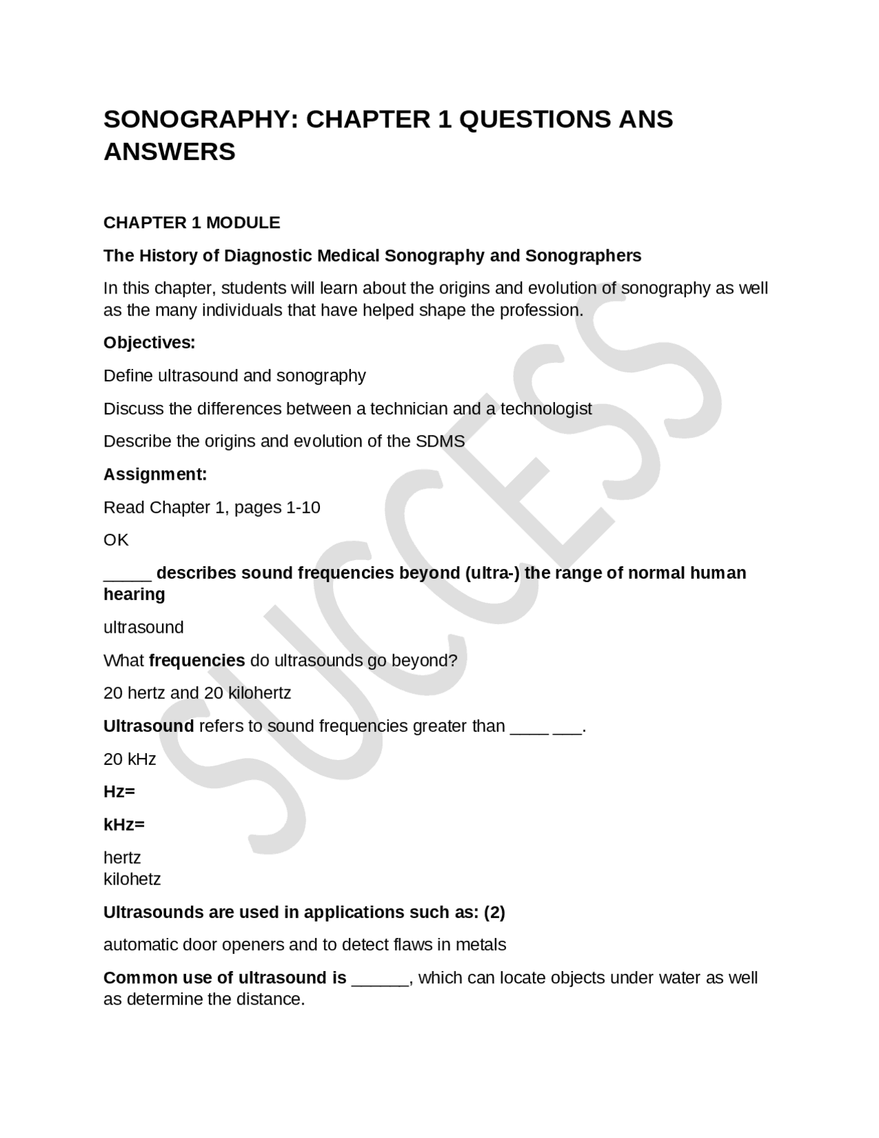 SONOGRAPHY: CHAPTER 1 QUESTIONS ANS ANSWERS | Exams Nursing | Docsity