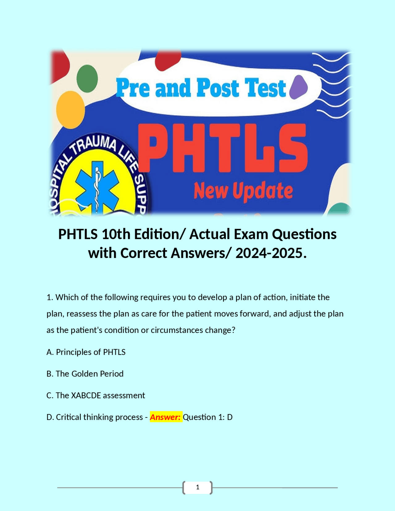 PHTLS 10th Edition/ Actual Exam Questions with Correct Answers/ 2024 ...