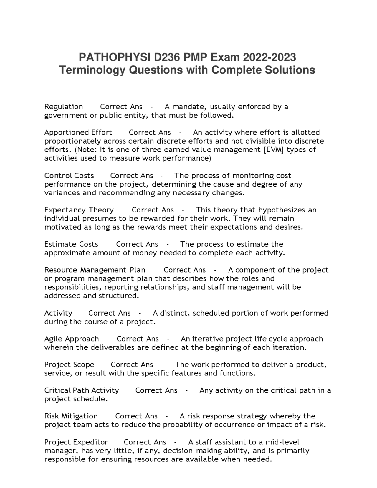 PATHOPHYSI D236 PMP Exam 2022-2023 Terminology Questions with Complete ...
