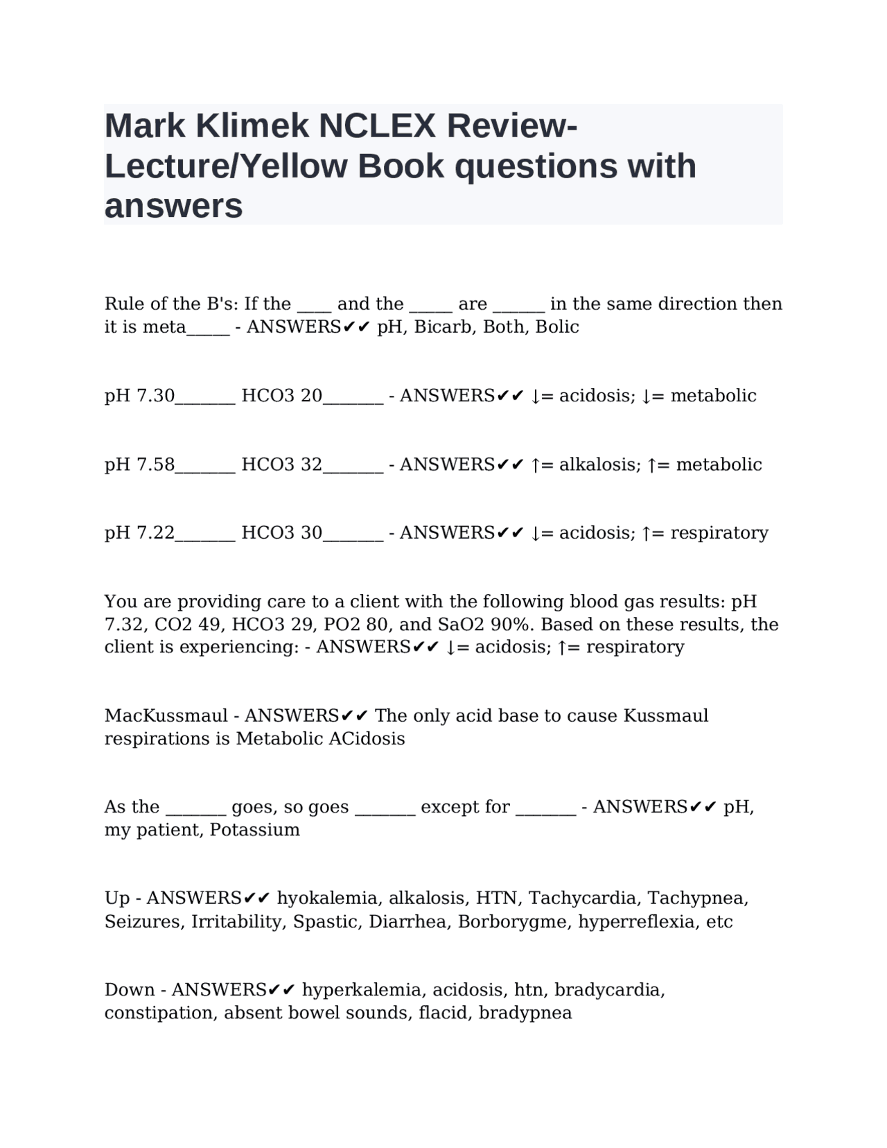 Mark Klimek NCLEX Review- Lecture/Yellow Book questions with answers ...