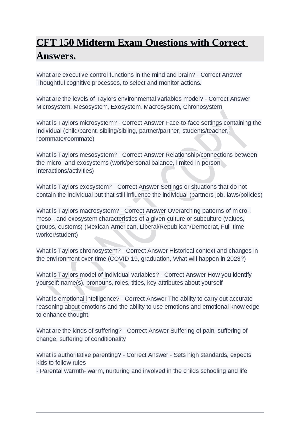 CFT 150 Midterm Exam Questions with Correct Answers. | Exams Community ...