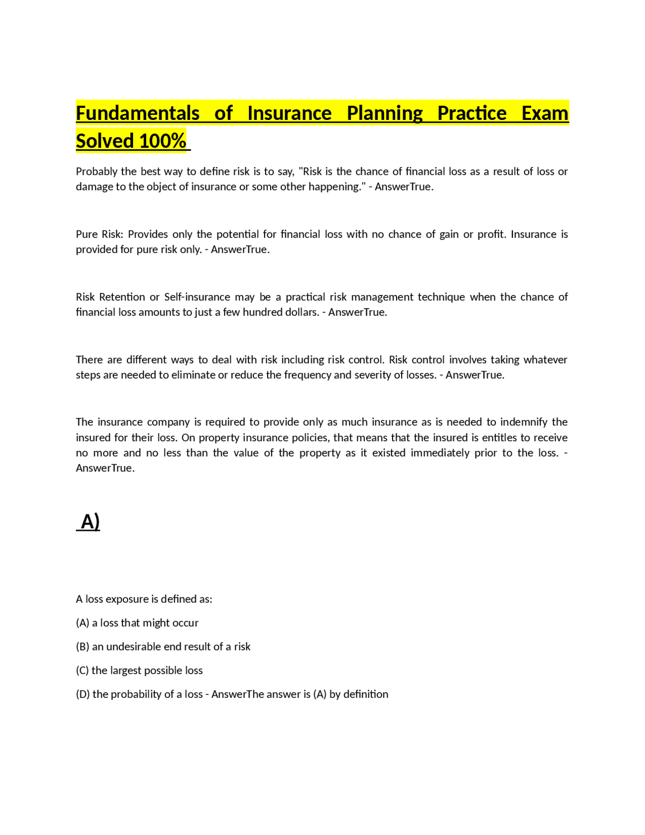 Fundamentals of Insurance Planning Practice Exam Solved 100% | Exams ...